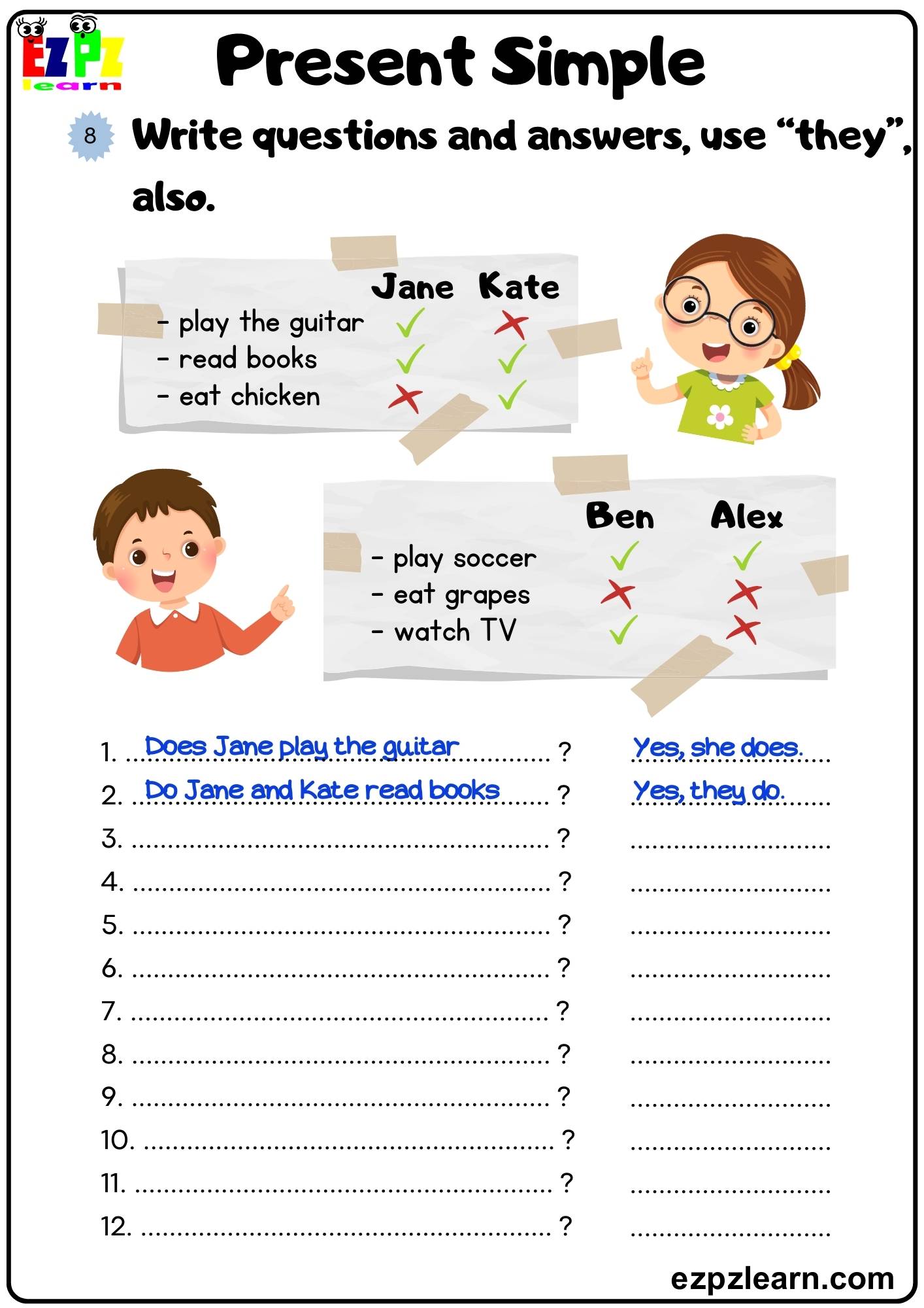 Present Simple Look at the Chart then Write the Sentences and Answers Grammar Worksheet Book 1 ...